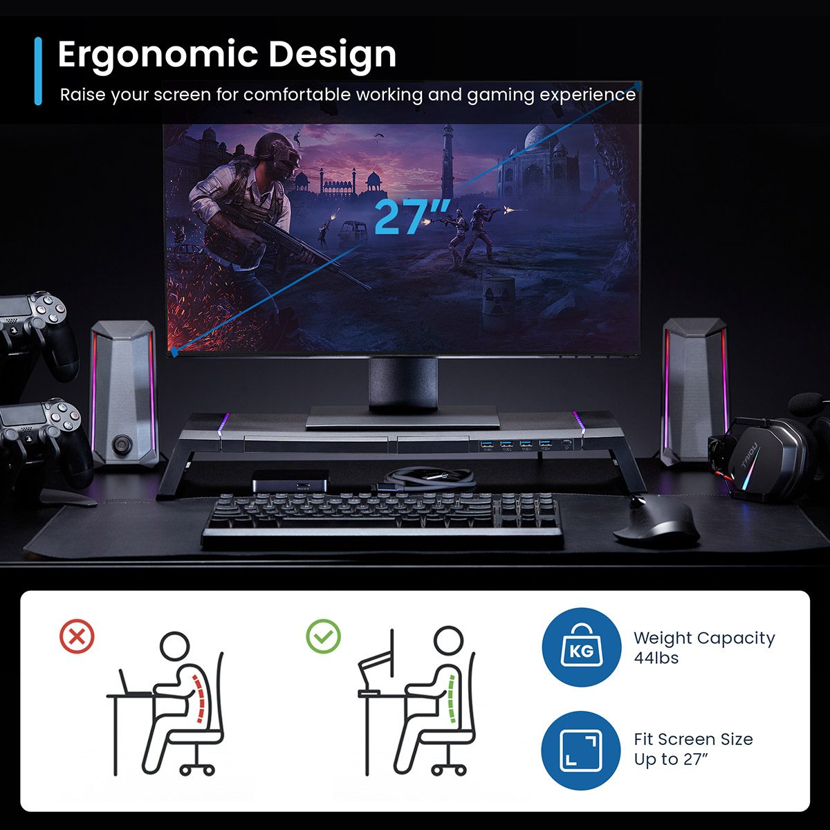 Base para Monitor EWENT EW1268 Foldable RGB c/ Hub USB 3.0 | nanoChip