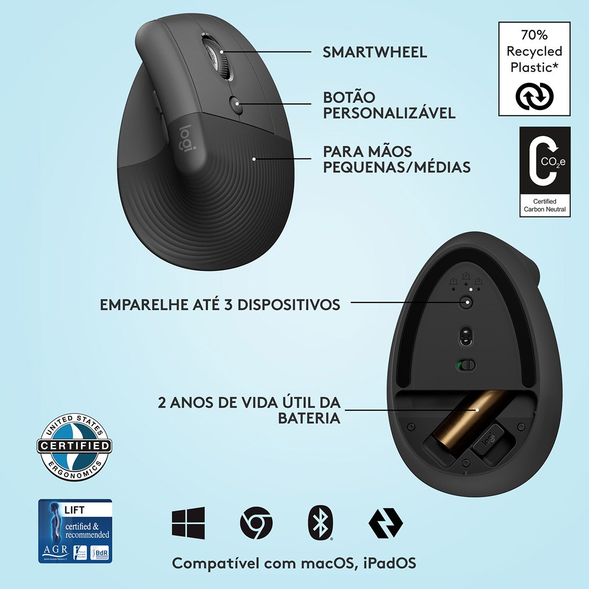 Rato LOGITECH Lift Vertical Ergonomic Right Wireless/Bluetooth Graphite ...